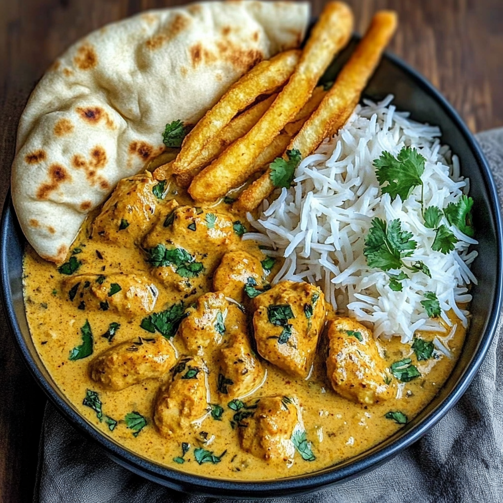 Coconut-Spiced Chicken Curry with Garlic Naan & Golden Fries