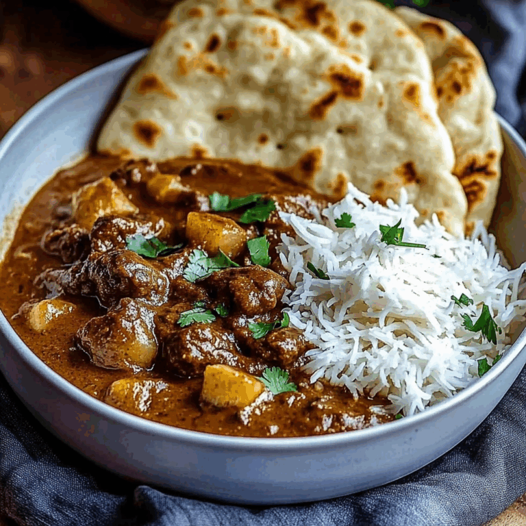 Slow-Cooked Beef Curry in Coconut Gravy with Toasted Garlic Naan