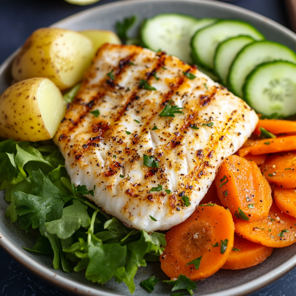 Grilled Fish Plate with Veggies & Fresh Greens