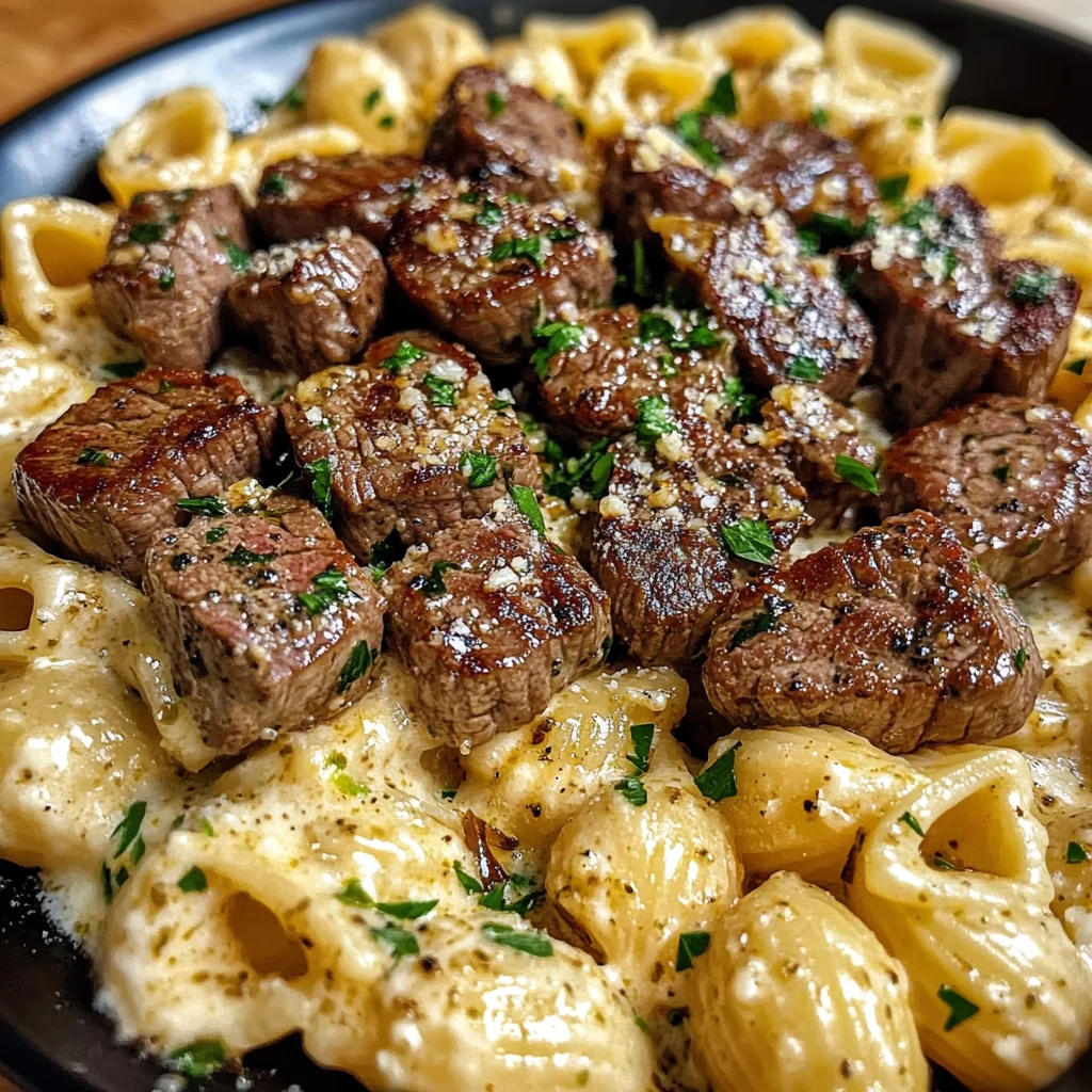 Creamy Garlic Parmesan Steak Bites with Shell Pasta