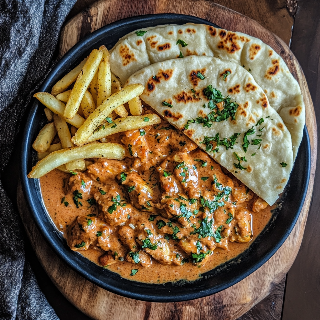Creamy Butter Chicken with Garlic Drizzle, Fries & Warm Naan